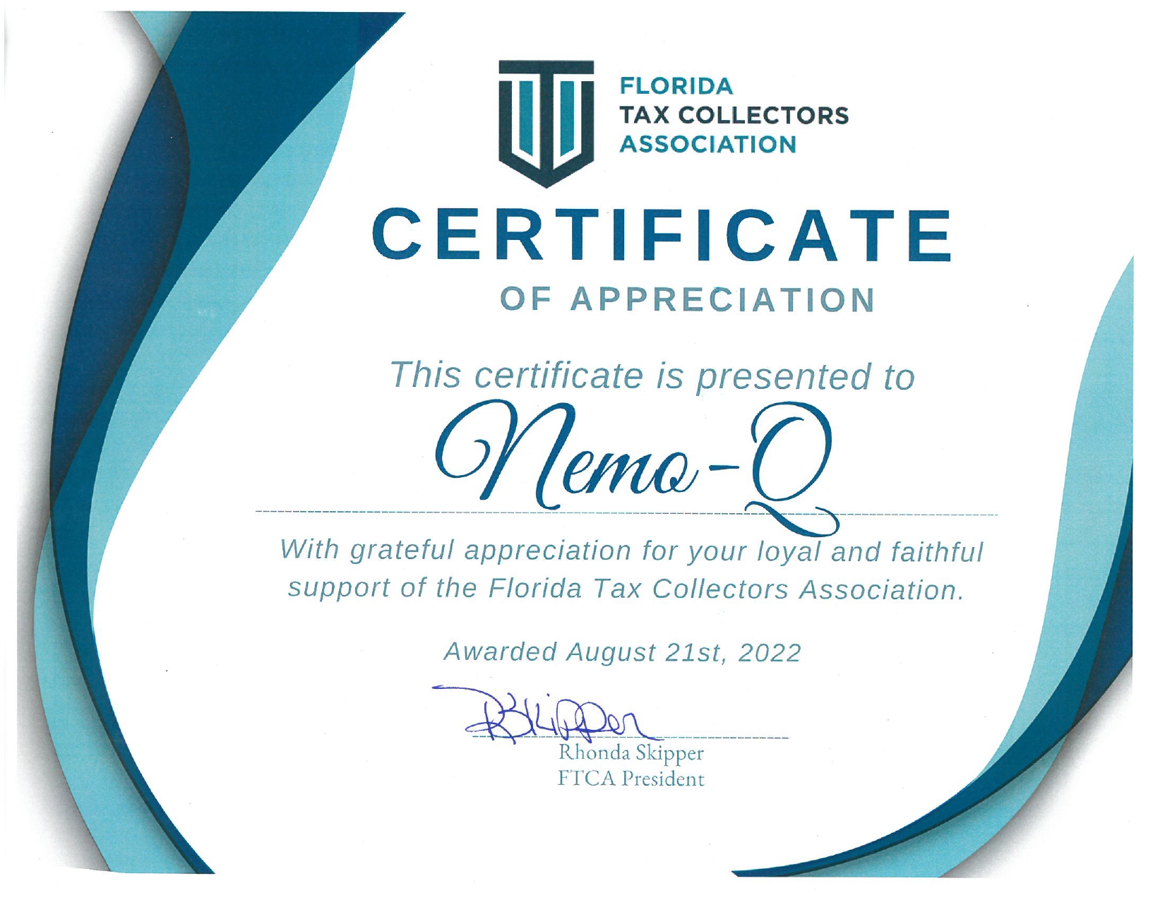 NEMO-Q Receives Certificate of Appreciation from Florida Tax Collectors Association - NEMO-Q